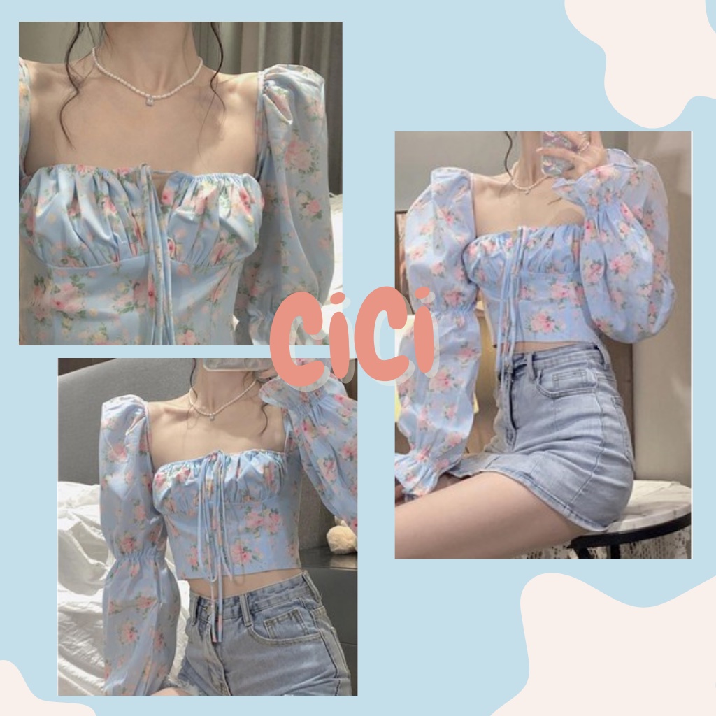 Cici(NO.A8553)เสื้อครอปคอเหลี่ยมแขนยาว ดีเทลเชือกผูกตรงอก สกรีนลายดอกไม้สีหวานน่ารักมาก | Shopee ...
