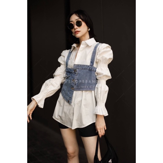 เสื้อเชิ้ตแต่งยีนส์งานป้าย vshop brand | Shopee Thailand