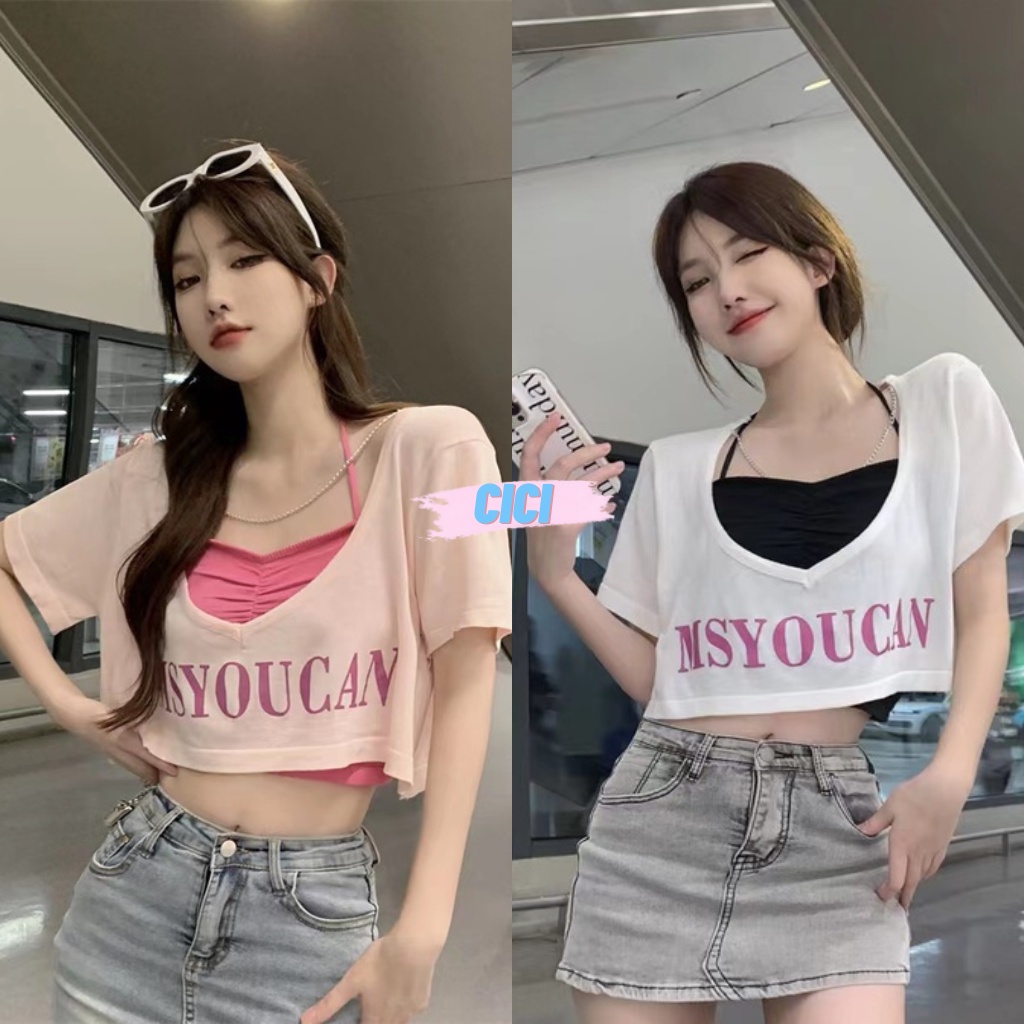 Cici(NO.J2088)เซ็ท2ชิ้น เสื้อครอป+สายเดี่ยวคล้องคอดีเทลสายโชว์ น่ารักเซ็กซี่เบาๆ | Shopee Thailand