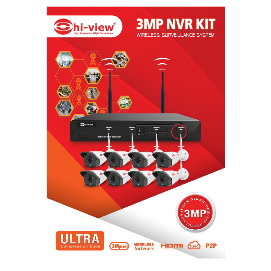 Hiview HW-3308KIT30-H3 (8CH.) WI-FI Kit ความละเอียด 3mp บันทึกเสียงได้ ชุดกล้องวงจรปิดไร้สาย ...