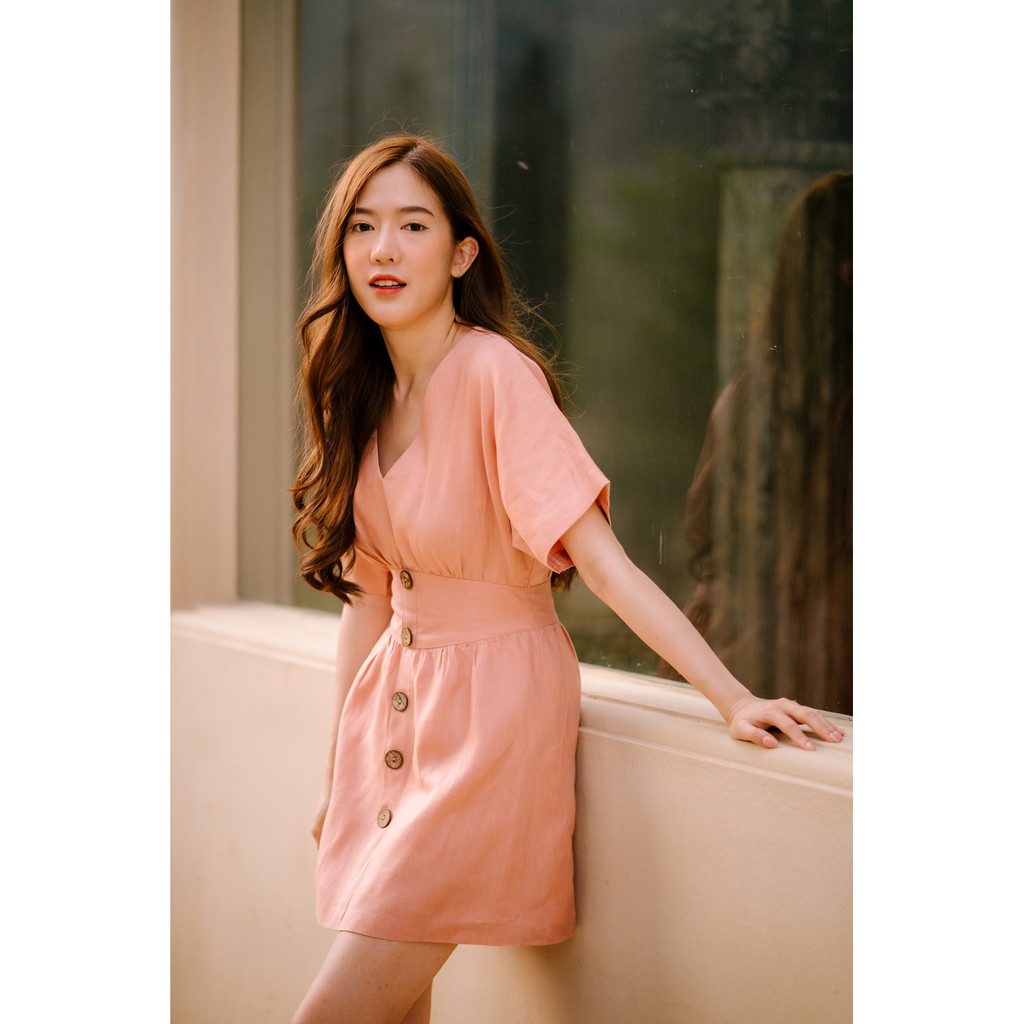 weerin honey dress เดรสสั้น เดรสลินิน แขนบาน แต่งกระดุม มีซับใน linen ...