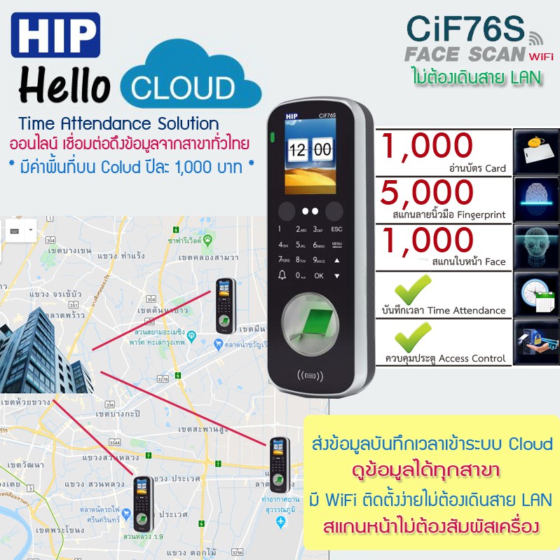 HIP Cmi F76S เครื่องสแกนใบหน้า สแกนลายนิ้วมือ รหัสผ่าน บันทึกลงเวลา เชื่อมต่อ WIFI | Shopee Thailand