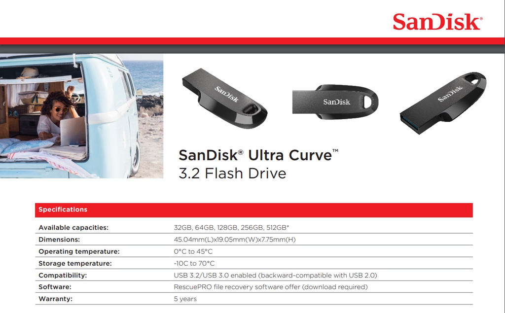 SanDisk Ultra Curve USB 3.2 Gen1 Flash Drive 32GB, 64GB, 128GB (SDCZ550 ...