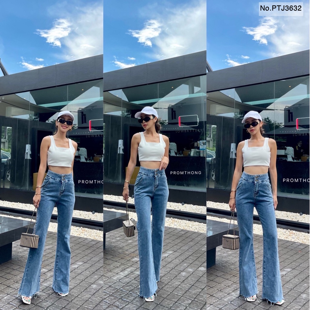 Promthong Jeans กางเกงยีนส์ขาม้าปลายขาตัดNo.PTJ3632 | Shopee Thailand