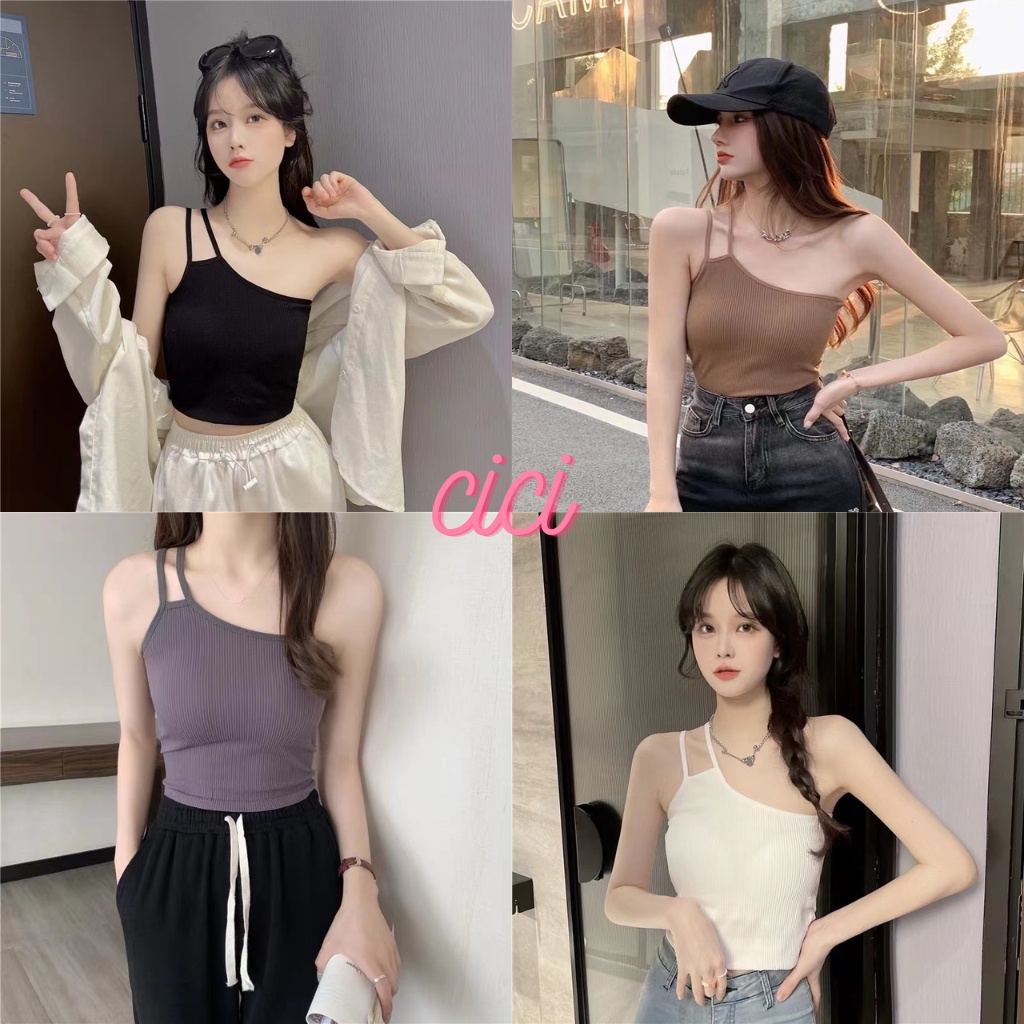 ส่งทันที Cici(NO. Y827) เสื้อสายเดี่ยวดีเทล 2 สาย แบบข้างเดียวมีฟองน้ำในตัว เก๋มากเกาหลีมาก ...