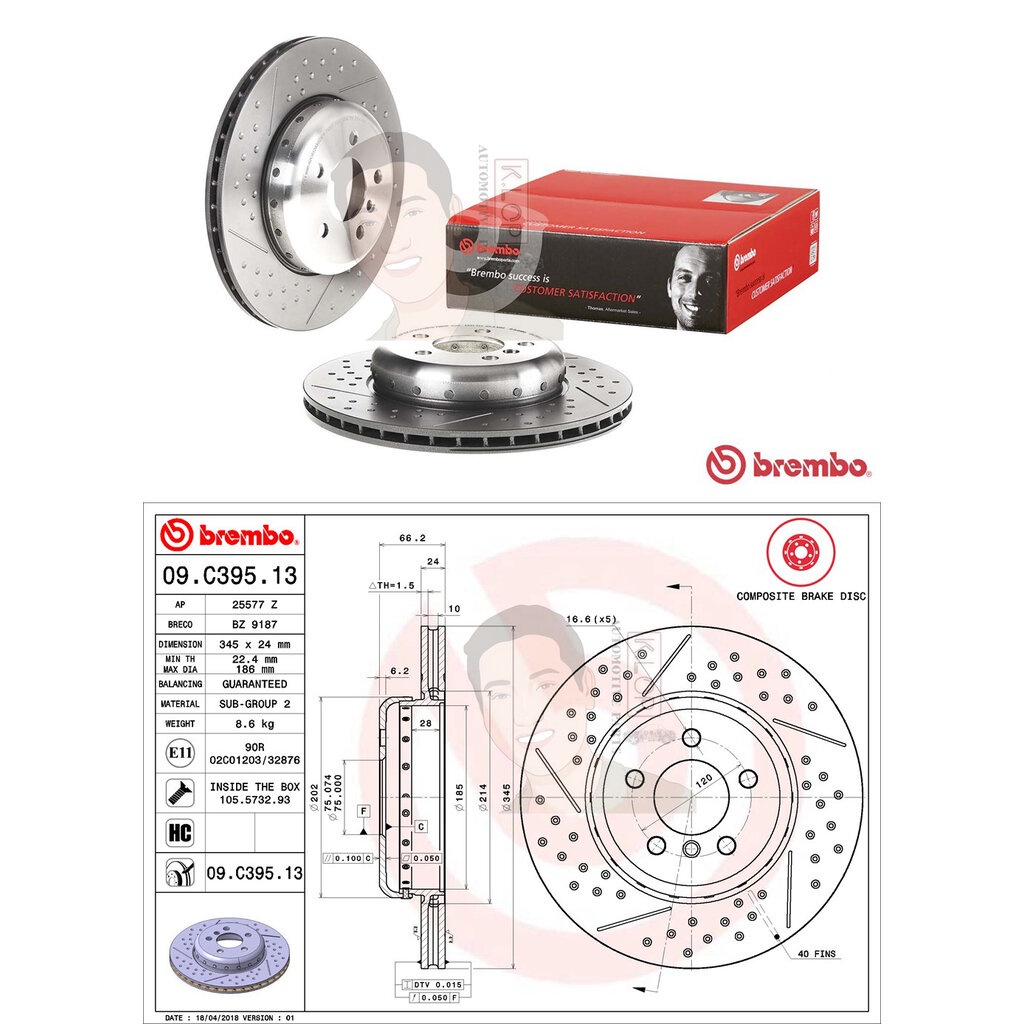 D09 C395 13 จานเบรค ล้อ R (ยี่ห้อ BREMBO) รุ่น HC BMW ซี่รี่ส์ 3 F30 ...