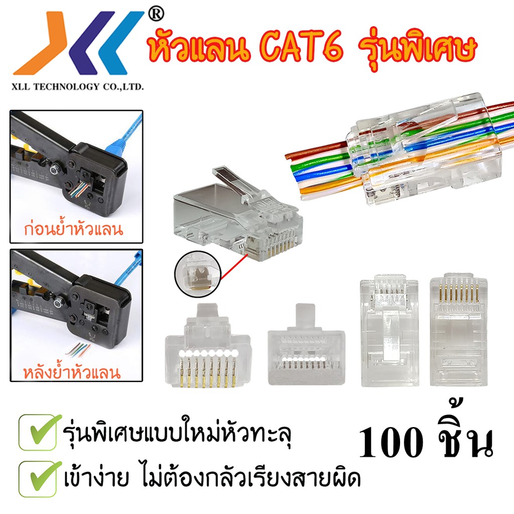 หัวแลน RJ-45 CAT6 รุ่นพิเศษแบบใหม่หัวทะลุ (ถุง 100 ชิ้น) | Shopee Thailand