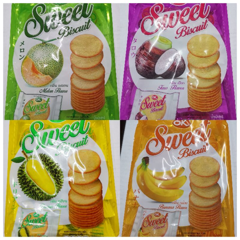 OK Sweet Biscuit บิสกิตผลไม้ ขนมปังกรอบรสผลไม้ สวีท บิสกิต รสกล้วย ทุเรียน เผือก เมล่อน ตราโอเค ...