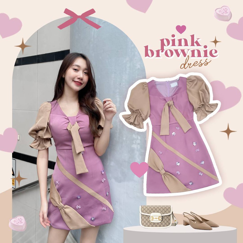 Bellita BRAND การันตีเสื้อผ้าแบรนด์แท้ มินิเดรสแขนตุ๊กตาแต่งเนคไทช่วงอกเก๋มากกก สีทูโทนช่วง ...