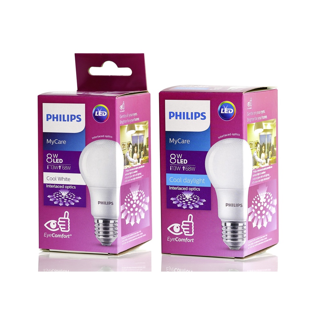 Philips หลอดไฟ LED Bulb 8W E27 My Care Cool White, Cool Daylight กล่องสีม่วง | Shopee Thailand