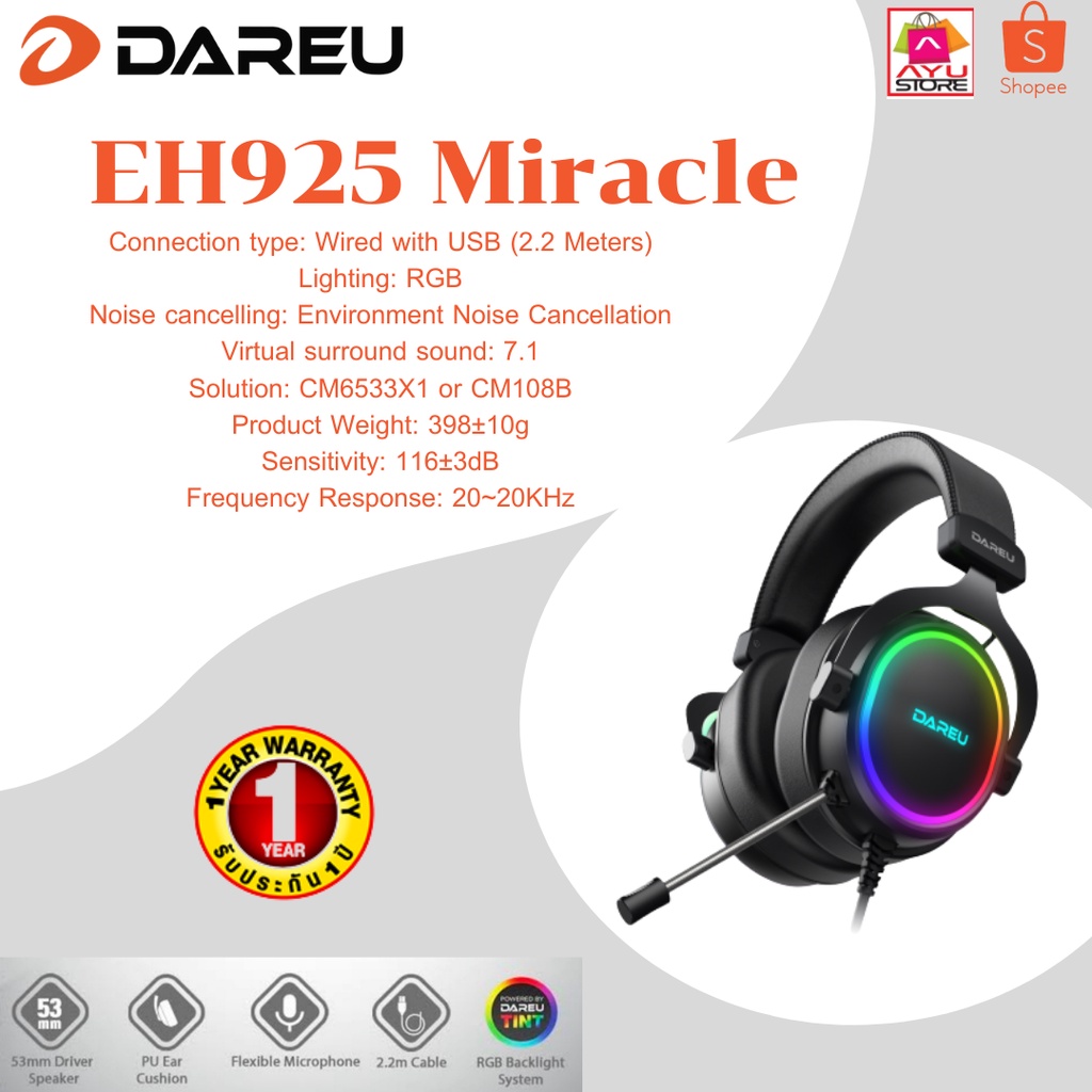 Dareu Miracle Eh925 ชุดหูฟังเล่นเกม รัปประกัน 1 ปี | Shopee Thailand