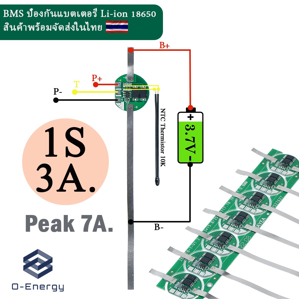 BMS 1S 3A. Peak 7A. ป้องกันแบตเตอรี่ลิเธียม-ไอออน 18650 แบบ 3 สาย ต่อ ...