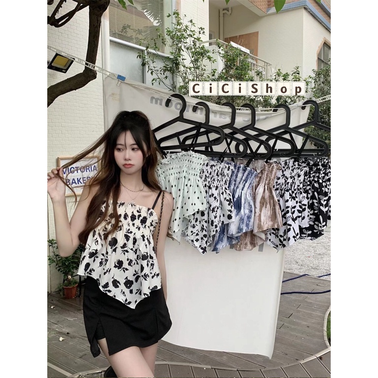 Cicishop(6096)เสื้อสายเดี่ยวสม็อคทรงสามเหลี่ยมผ้าชีฟอง ลายน่ารักท้าแดดประเทศไทย | Shopee Thailand