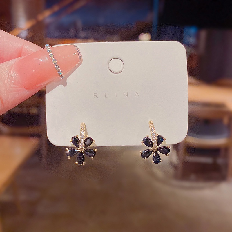 Shuling S925 ต่างหูกระดุมคริสตัลรูปดอกไม้สีดํา | Shopee Thailand