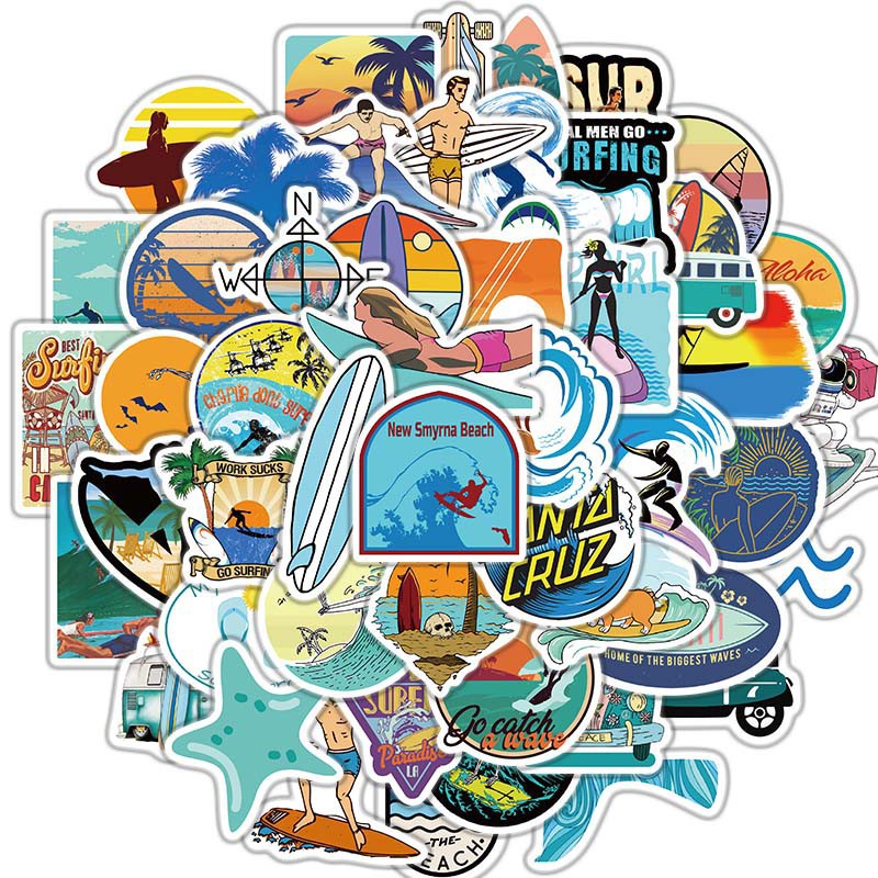 【Large sticker】50pcs Beach Surfing Stickers For Skateboard Guitar ...