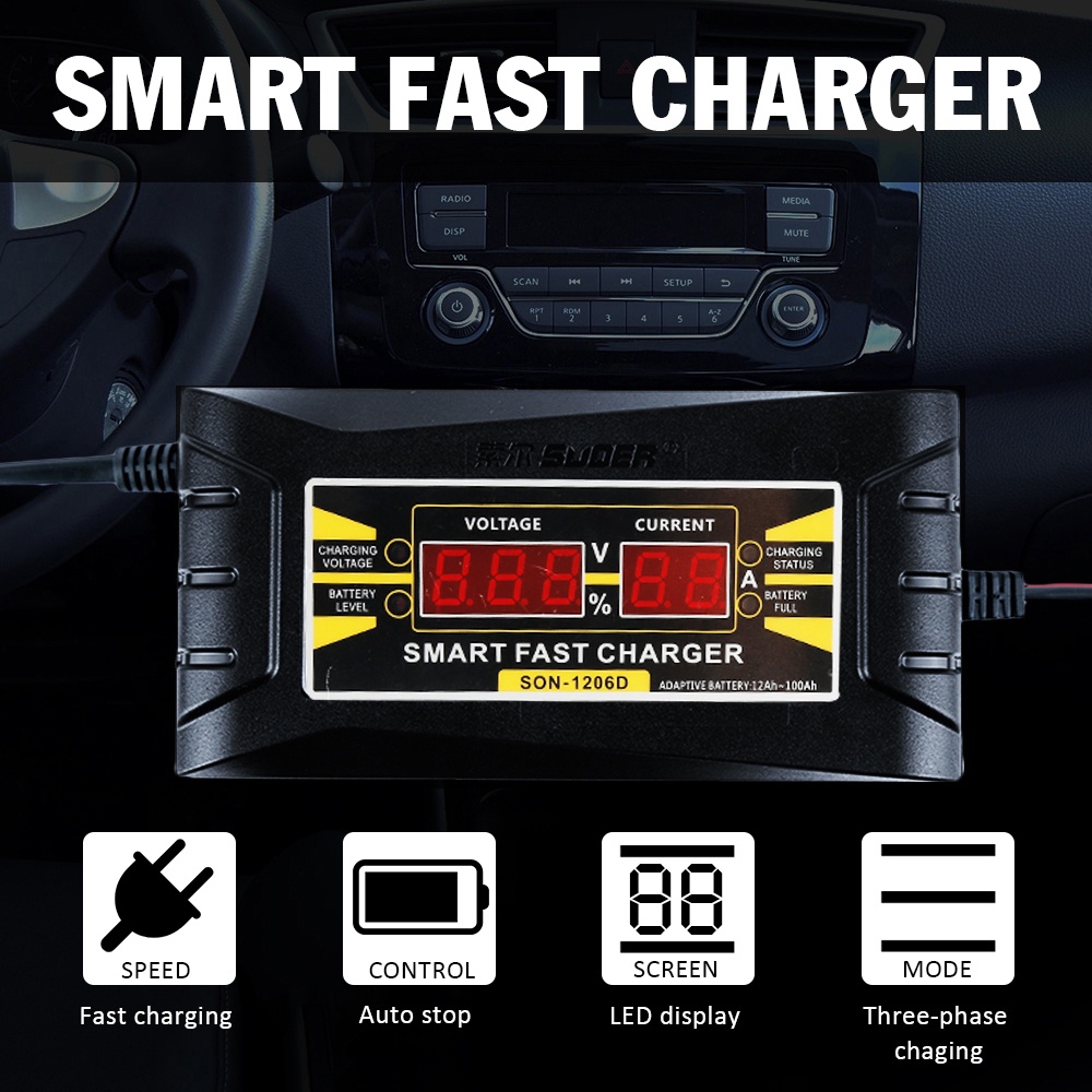 Full Automatic Smart 12V 6A Lead Acid/GEL Charger with LCD Display US ...