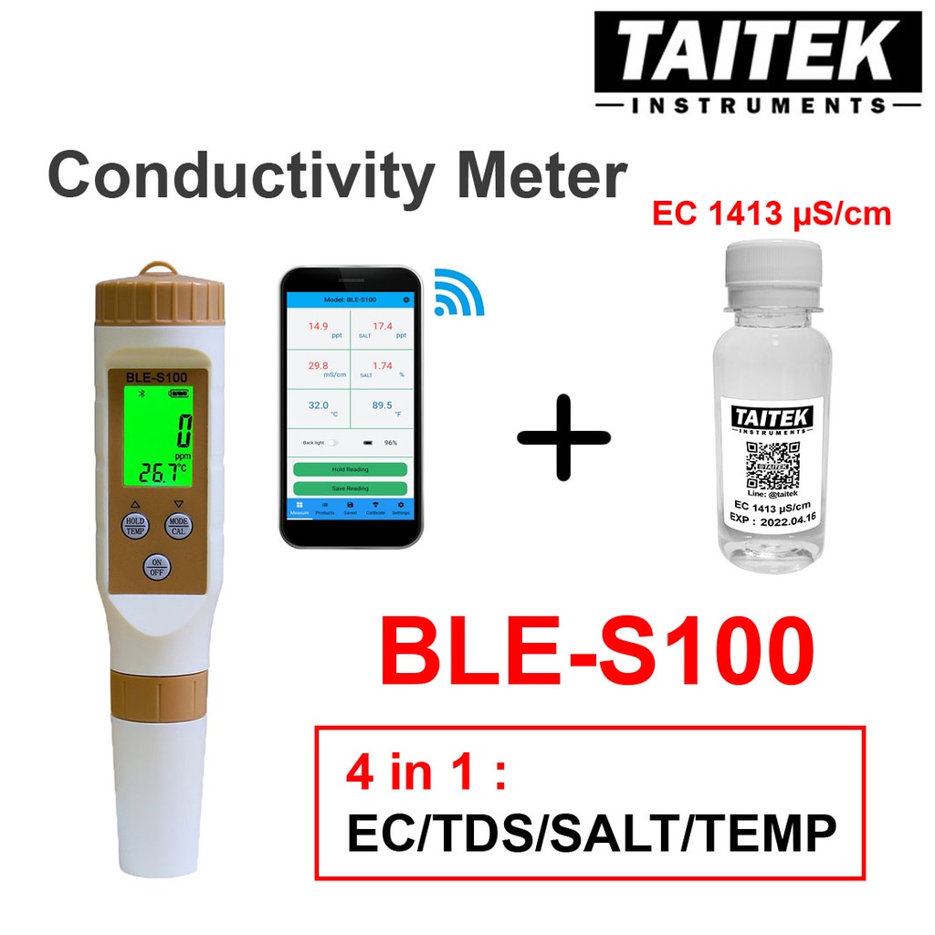 เครื่องวัดคุณภาพน้ำ Bluetooth Data Logger Conductivity Meter รุ่น BLE-S100 4in1 EC/TDS/SALT/TEMP ...