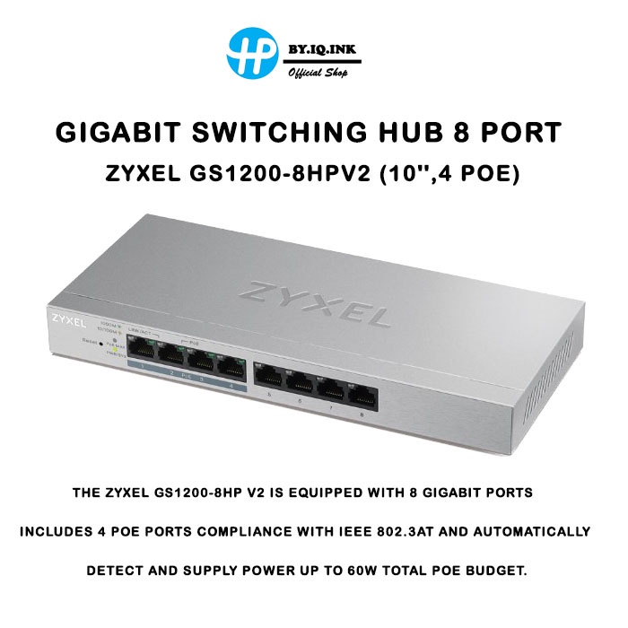 Gigabit Switching Hub ZYXEL (GS1200-8HPV2) 8 Port (4-Port PoE) (10 ...