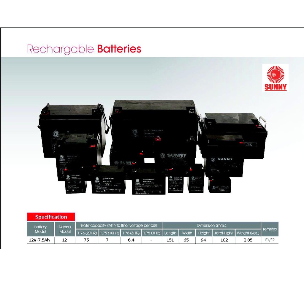SUNNY SN7.5-12 แบตเตอรี่แห้ง 12V 7.5Ah | Shopee Thailand