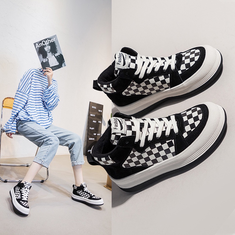 ∋┋ สีดำและสีขาว checkerboard high-top รองเท้า 2021 ฤดูใบไม้ร่วงใหม่หนา ...