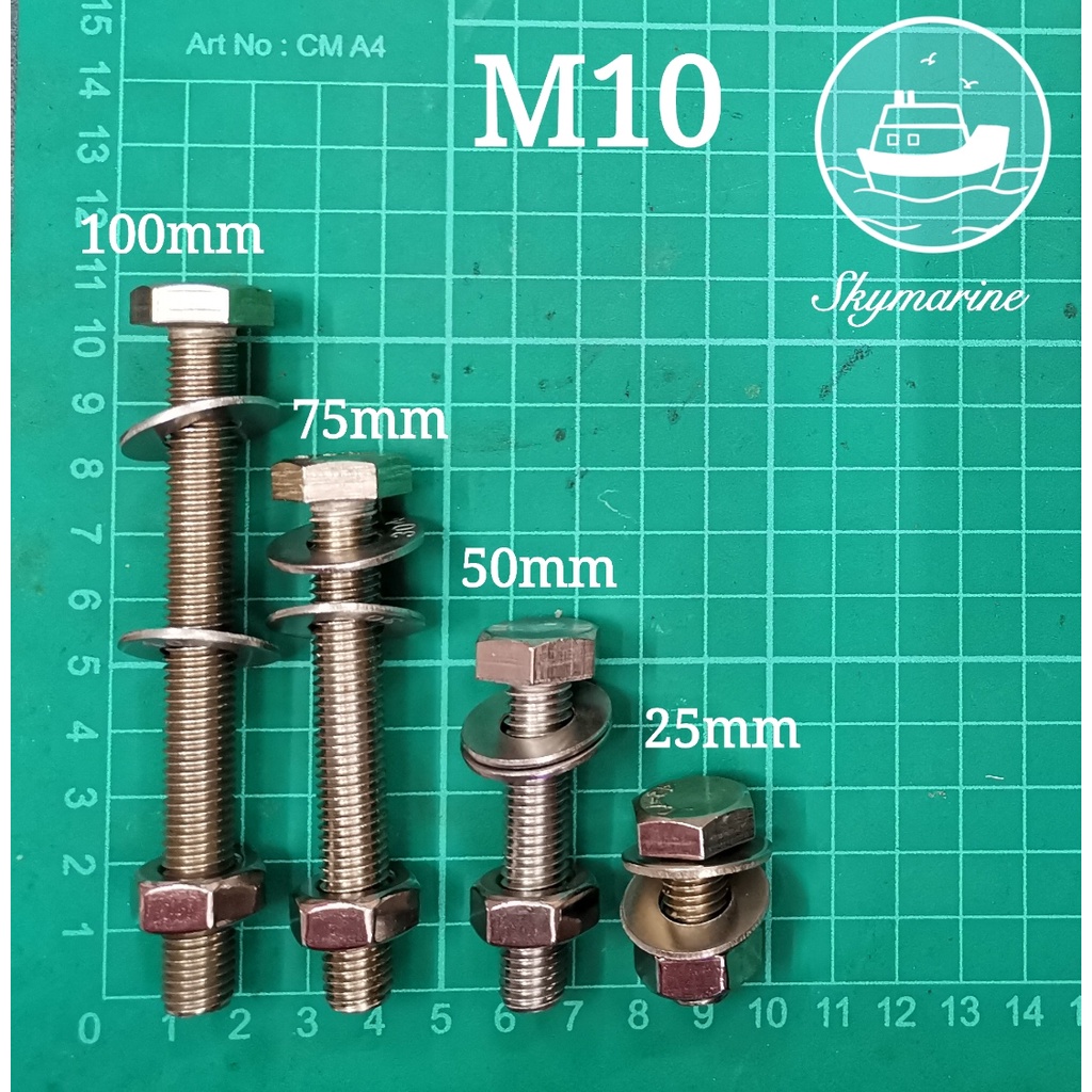 M10 STAINLESS STEEL 304 HEXAGON BOLT & NUT สกรูเกลียวเกลียวแบน | Shopee ...