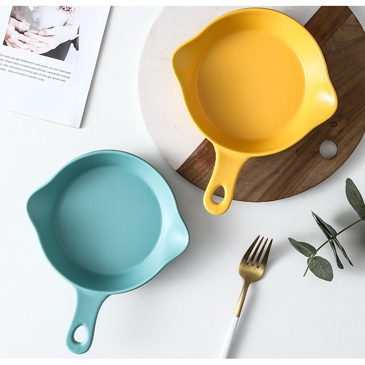 Pladao Ceramic จานเซรามิคด้ามกระทะ จานกริล ทรงกลม สีเขียวเทอร์คอย ขนาด 320 ml. | Shopee Thailand