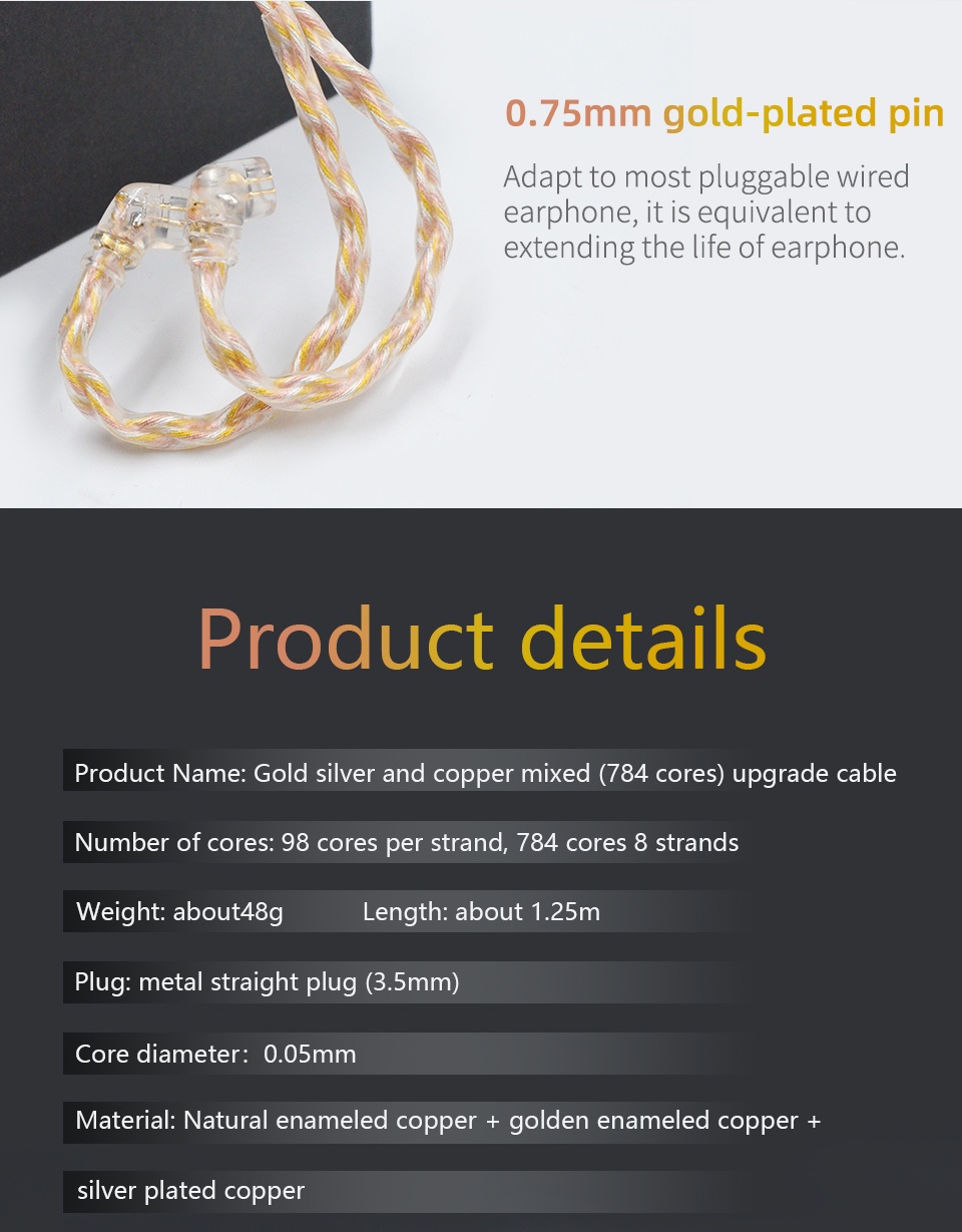 KZ Earphones Cable 8 Core Gold Silver Copper Mixed Upgrade Cable 2Pin 3 ...