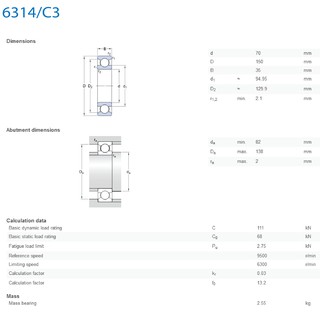 6314/C3 SKF ตลับลูกปืนเม็ดกลมร่องลึก ฝาเปิด (70mm X 150mm X 35mm ...