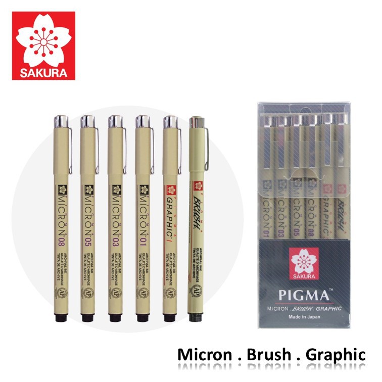 ปากกา pigma sakura แบบชุดหัวเข็ม+หัวตัด+พู่กัน สีดำ ตราซากุระ 6 แท่ง (sakura pigma set) รุ่น ...