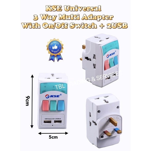 Kse 3 Pin UK Plug Universal 3 Way Multi Adapter + 2USB พร้อมสวิตช์เปิด ...