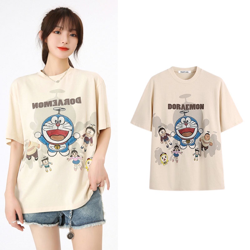เสื้อยืดลําลอง คอกลม แขนสั้น พิมพ์ลายโดราเอมอน ทรงหลวม แฟชั่นสําหรับ ...
