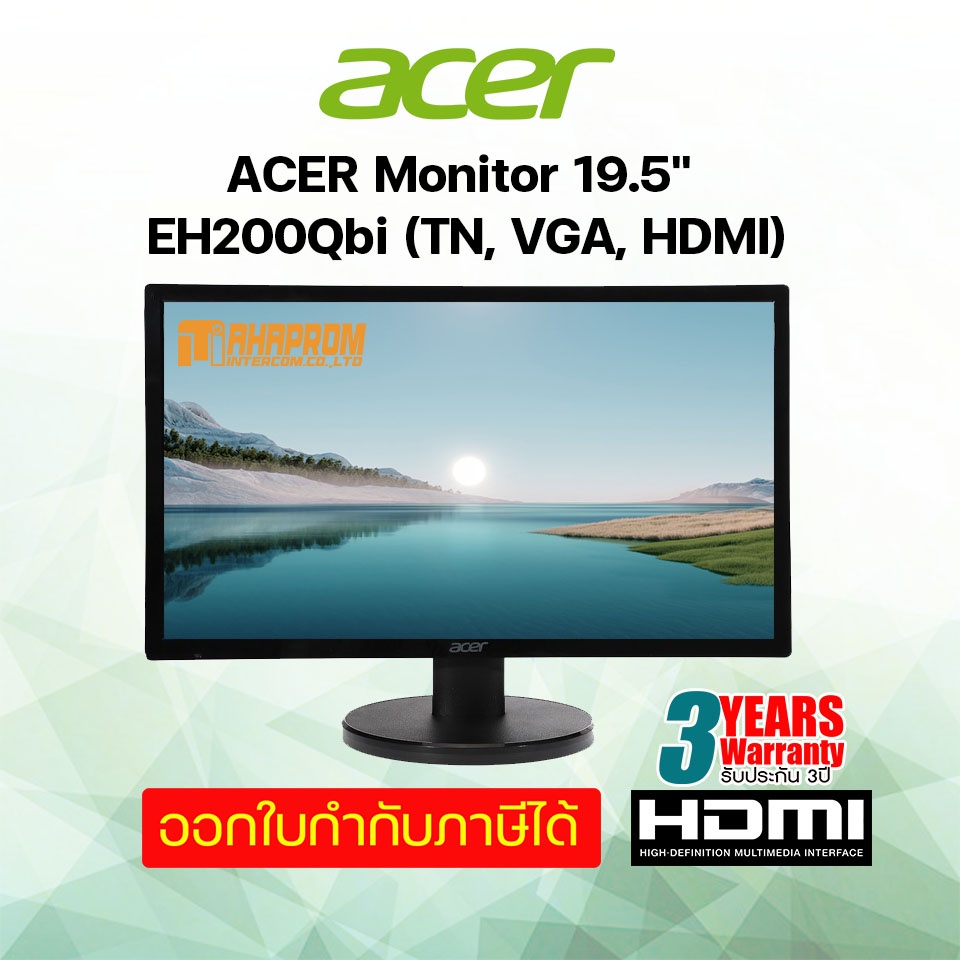 จอมอนิเตอร์ ACER Monitor 19.5'' EH200Qbi (TN, VGA, HDMI) ของแท้ ประกัน ...