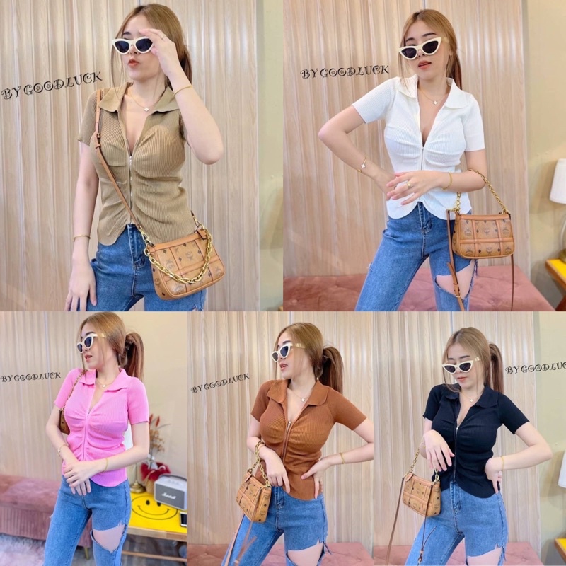 🌈MesubShop🌈 เสื้อคอปก ซิปรูดหน้า มินิครอปแฟชั่น ไข่หวาน B-016-4-A | Shopee Thailand