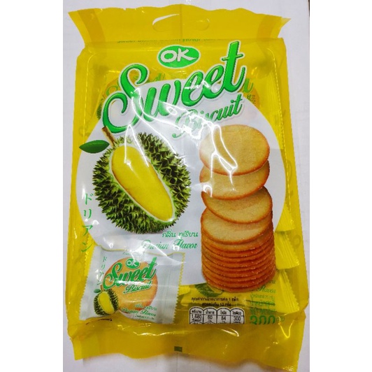 OK Sweet Biscuit บิสกิตผลไม้ ขนมปังกรอบรสผลไม้ สวีท บิสกิต รสกล้วย ทุเรียน เผือก เมล่อน ตราโอเค ...