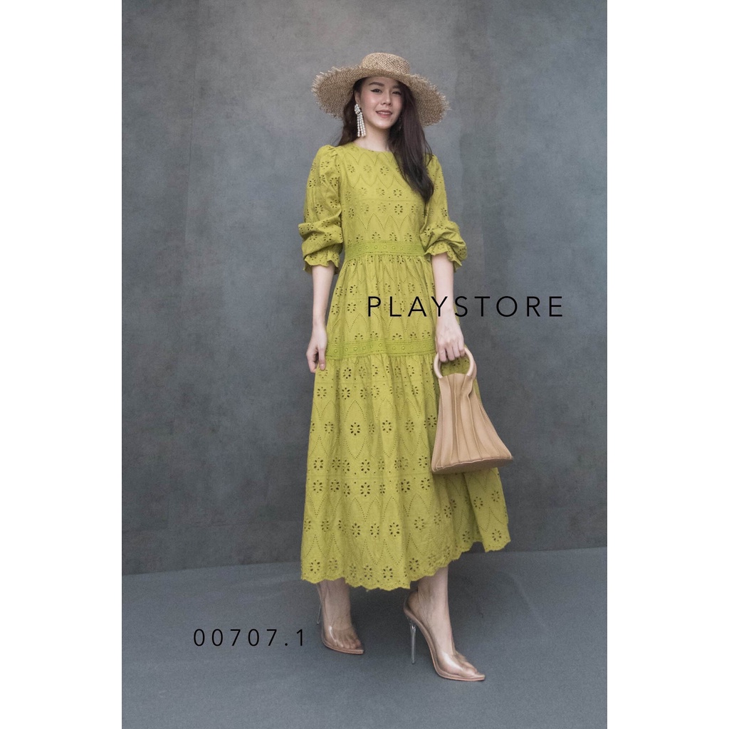 🏷️Mirrorsister #00707.1 เดรสยาวปักฉลุ ชุดทำบุญ เดรสลูกไม้ ชุดไปงาน เข้า ...