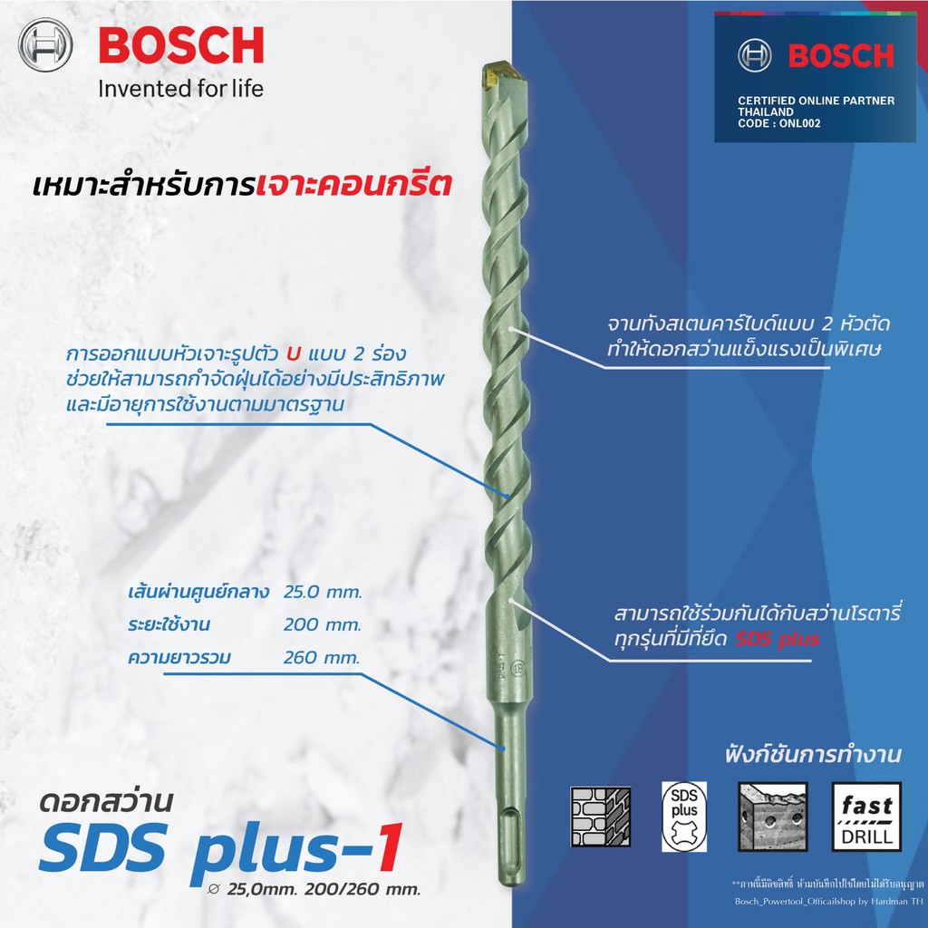 Bosch SDS plus-1 (New S3) ขนาด 25 mm. ดอกสว่านโรตารี่ ดอกสว่าน | Shopee ...