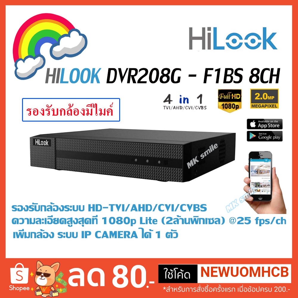 HiLook เครื่องบันทึกกล้องวงจรปิด 8 CH รองรับกล้องมีไมค์ รุ่น DVR-208G-F1 (B)(S) (รองรับระบบ HD ...