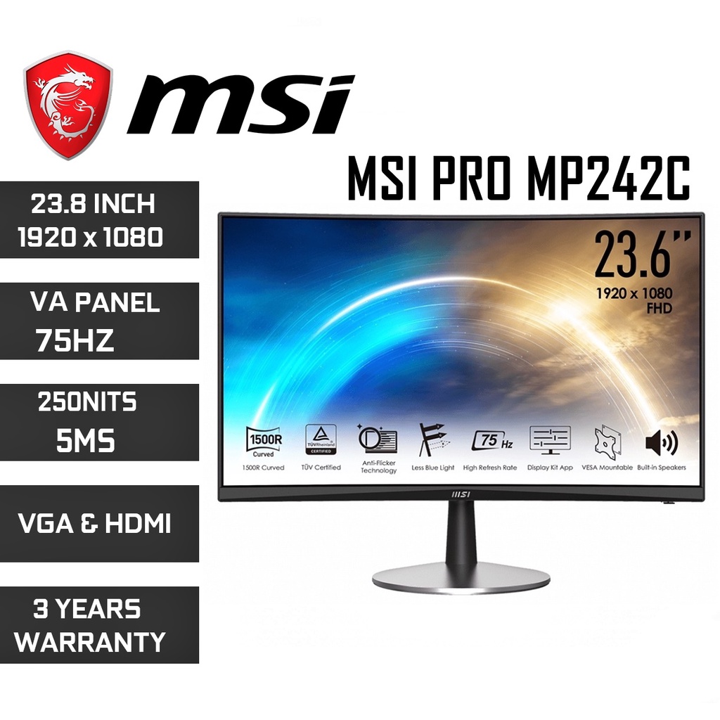 MONITOR (จอมอนิเตอร์) MSI PRO MP242C 24" Full HD VA 75Hz Curved Monitor ...
