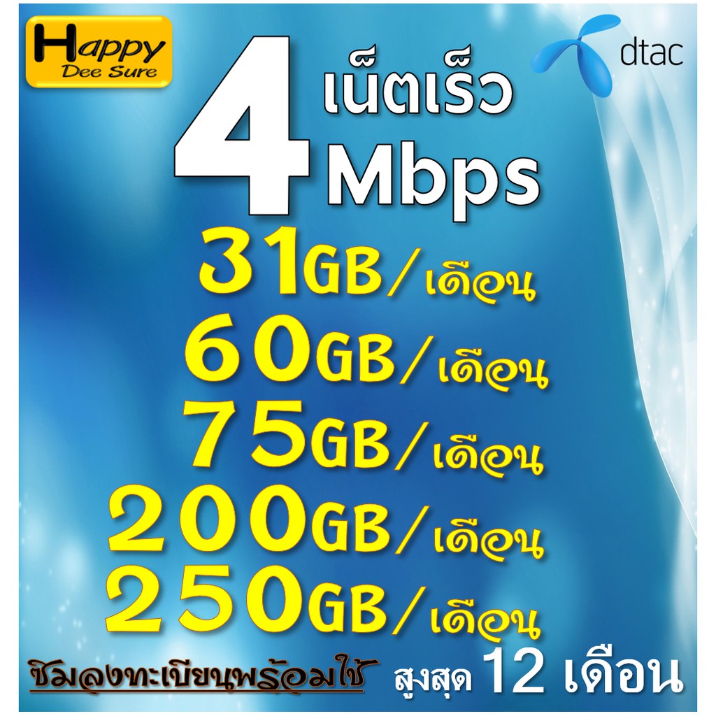 ซิม เทพ DTAC ดีแทค 4Mbps เดือนละ 30GB , 60GB ,75GB , 200GB , 250GB ลดสปีดเหลือ128Kbps ต่อได้นาน ...