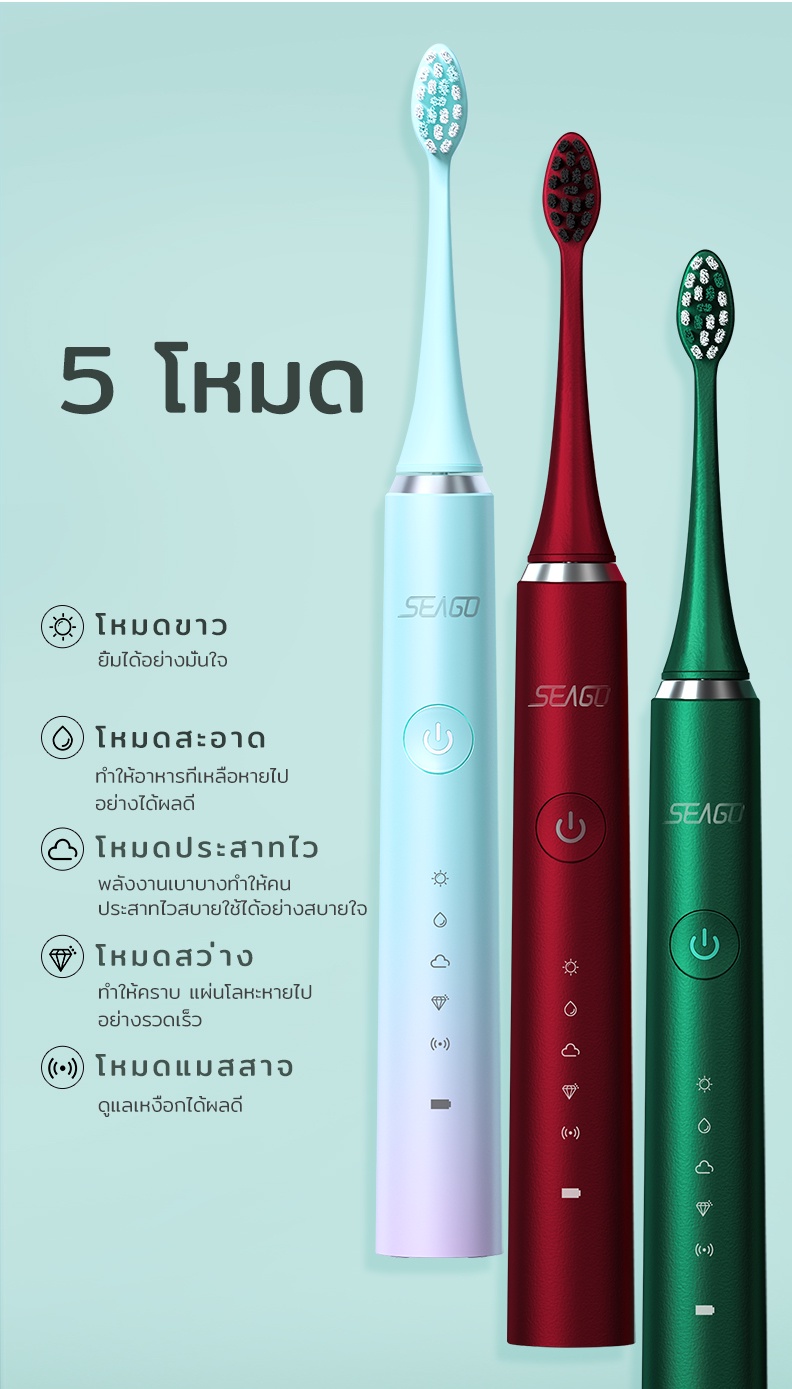 แปรงสีฟันไฟฟ้า Seago electric toothbrush รุ่นSG-972 สำหรับผู้ใหญ่ ปรับได้ 5 โหมด รับประกัน 5 ปี ...