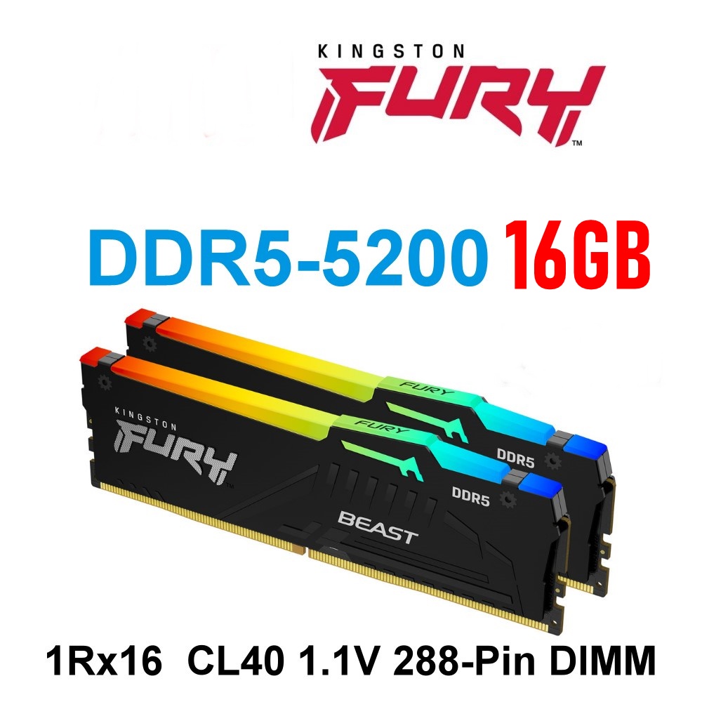 16GB (8GBx2) DDR5 5200MHz RAM (แรมพีซี) KINGSTON FURY BEAST RGB (BLACK) (KF552C40BBAK2-16 ...