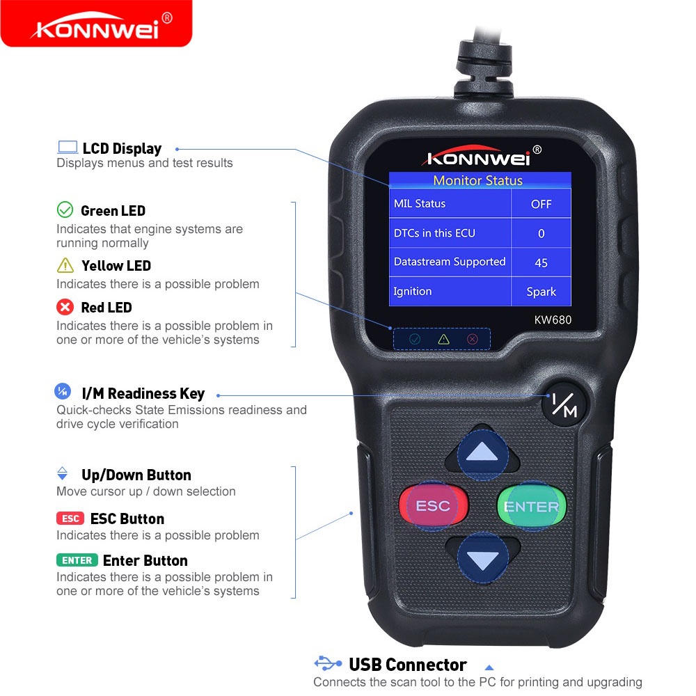 Konnwei KW680 OBD2 เครื่องสแกนเนอร์อ่านโค้ดอัตโนมัติ EOBD ผิดพลาด รหัส ...