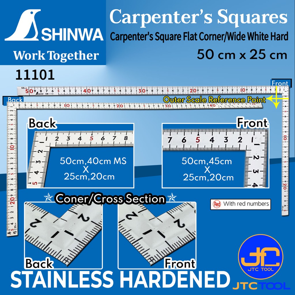 Shinwa ฉากสแตนเลสสีขาวมาตราฐาน JIS ขนาดกลาง - Carpenter's Square Flat Corner/Wide White Hard ...