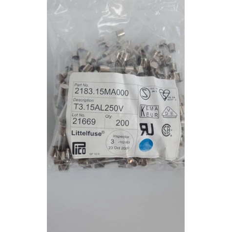 FUSE 3.15AL 250V T3.15A ฟิวส์หลอดแก้ว20มิล(แพ็ค10ตัว)Littelfuseไส้ตรงใหญ่แบบขาดช้า ฟิวส์สโลโบว ...