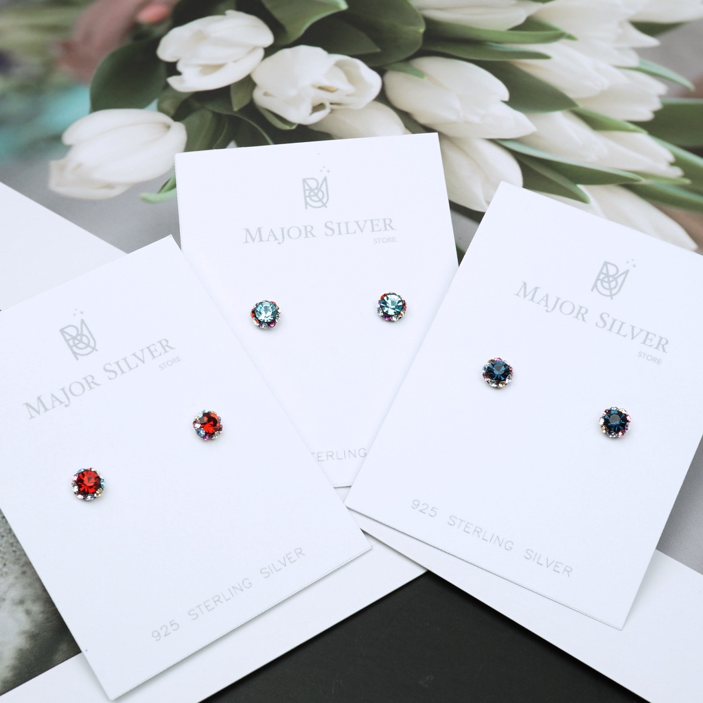 กลม4มิล พลอยมัลติคัลเลอร์ / ต่างหูเงินแท้92.5% ติดพลอย Swarovski PP26 ...