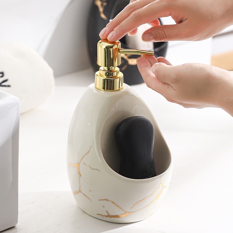 Hh08 15 ขวดปั๊มลายหินอ่อนสีขาวลายทองพร้อมช่องใส่สบู่ความจุ 850 Ml [2