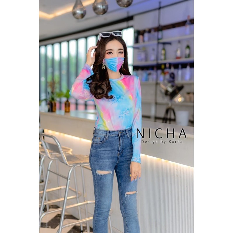 บอดี้สูท ซีทรูแขนยาวลายมัดย้อม + แมสเก๋ๆ Bodysuit by NICHA | Shopee Thailand