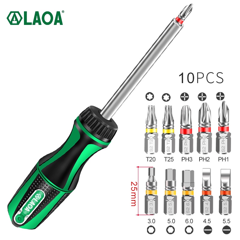 LAOA 10 in 1 Ratchet Screwdriver Set With 10 Pcs S2 Bits 48T 20N.m Aluminum Rod Screw Driver ...