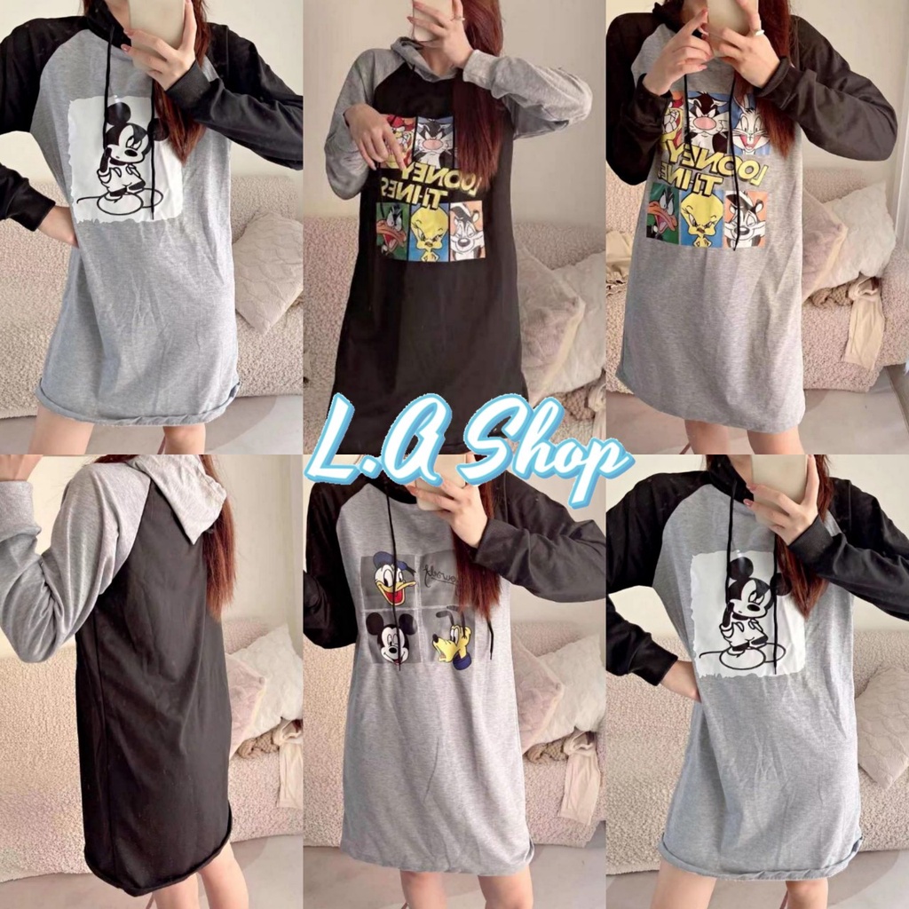 L.A Shop - พร้อมส่ง ชุดเดรสแขนยาวมีฮู้ดน่ารักมากลายการ์ตูนน่ารัก "DX ...
