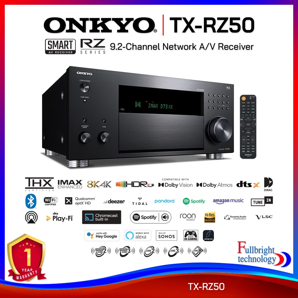 Onkyo TX-RZ50 9.2-Channel Network A/V Receiver 250 W/Ch รองรับการเชื่อมต่อ 4K, 8K, ประกันศูนย์ 1 ...